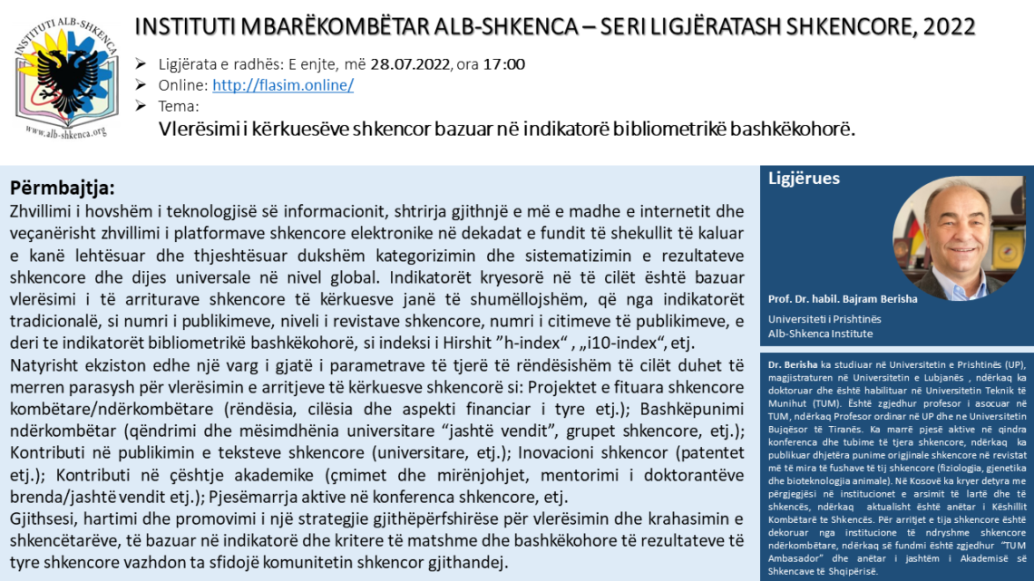 Ligjërata e shtatë – Prof. Dr. habil. Bajram Berisha, “Vlerësimi i kërkuesëve shkencor bazuar në ...